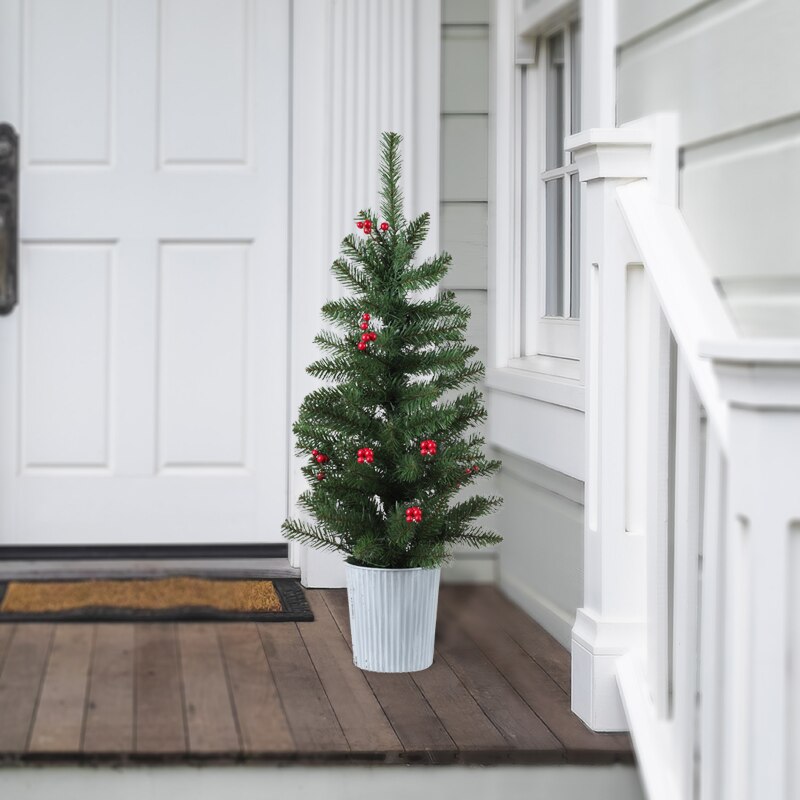 3.5FT PRELIT BATTERY OPERATED POTTED PINE TREE WITH RED BERRIES AND 35 ...